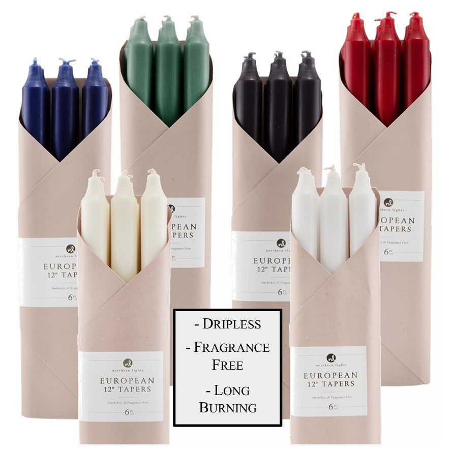 12" Dripless European Taper Candles - 6pc Pack (Assorted Colors ...